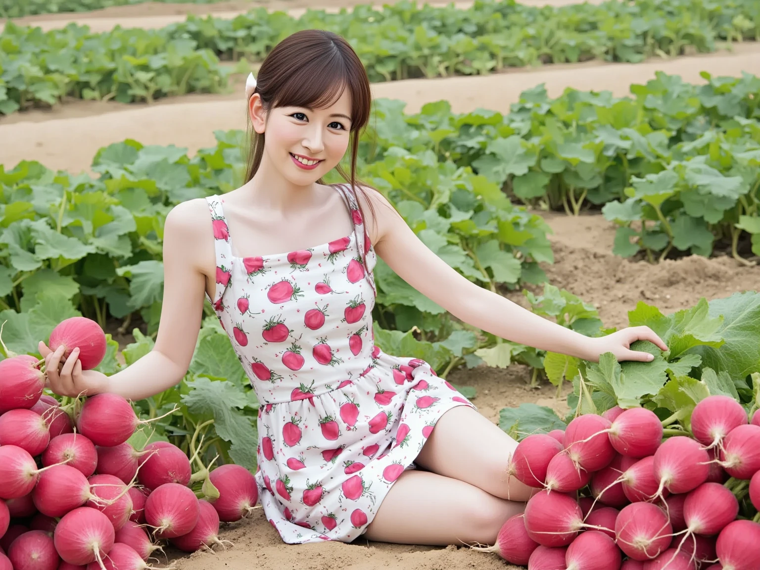 A young woman sitting in a radish field picking radishes, among the ...