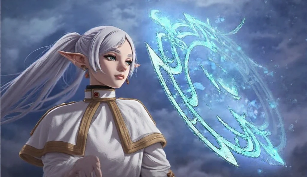 A young woman with elongated ears suggests elfin features, standing against a dr - SeaArt AI