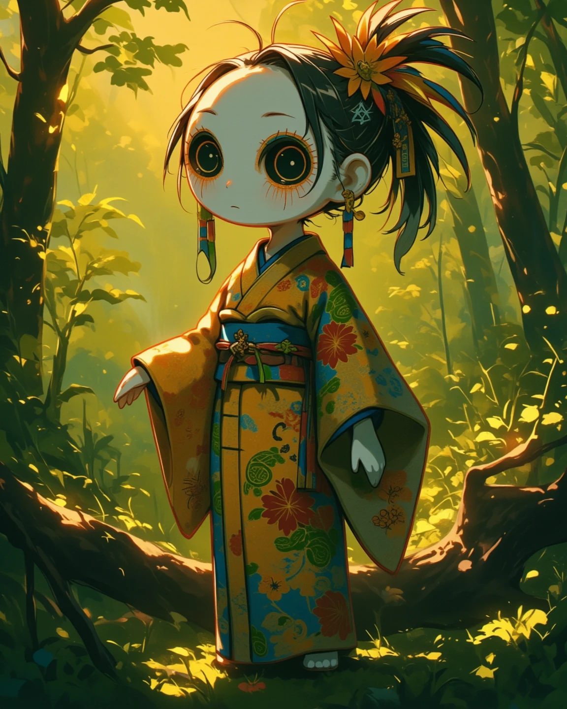 Voodoo doll,可愛い着物を着たvoodoo doll、In the forest with warm sunlight ...