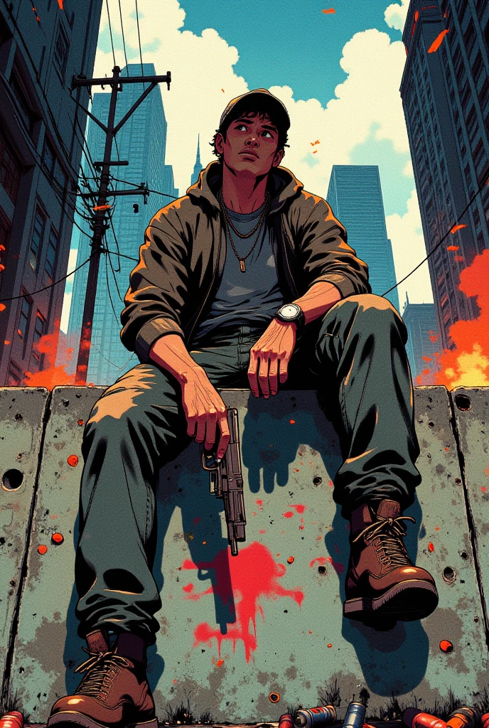 doodleした壁の上のところに座っている, A young man with a tanned face, The expression ...