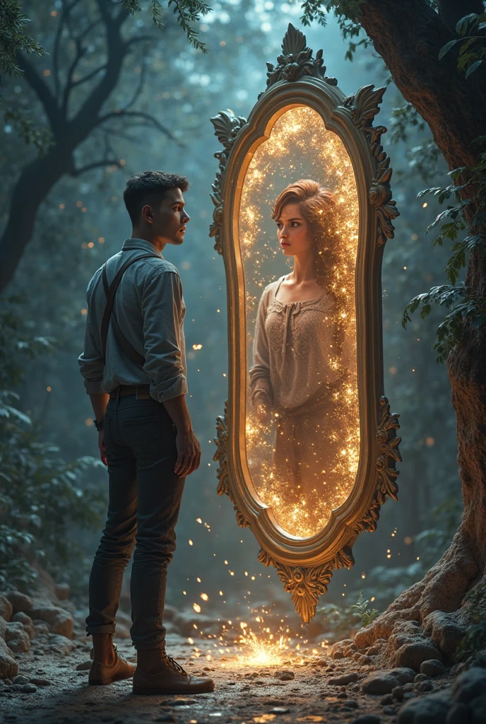 3D fantasy-style scene of the young man looking into a magical mirror ...