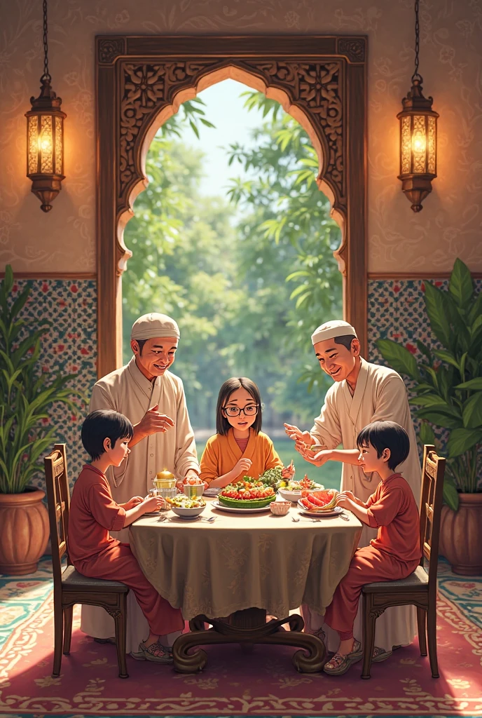 An old and simple Moroccan house and a small Moroccan family gathered ...