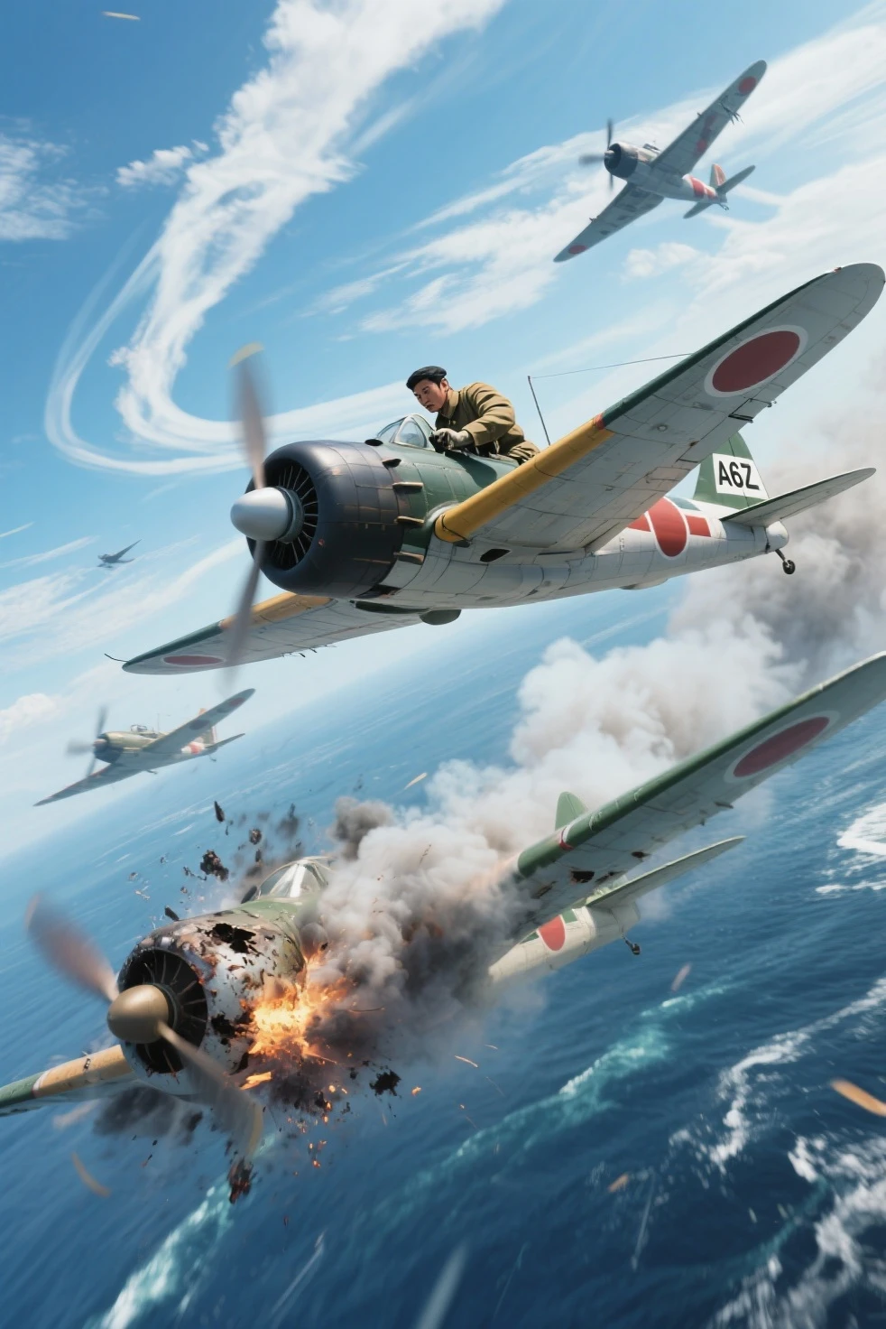 A fierce aerial battle in the skies above the Pacific Ocean. A Zero ...
