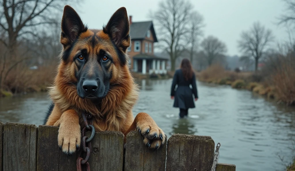 A dramatic flood scene. A German Shepherd dog, wet and with a sad ...