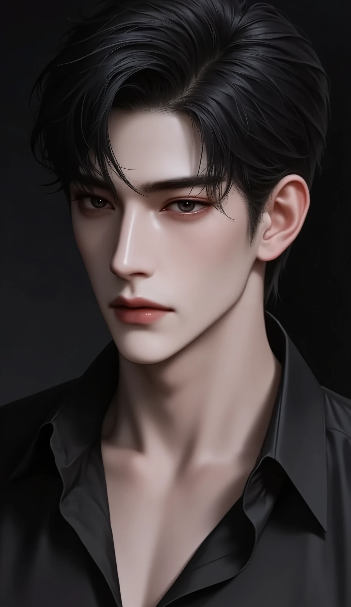 A handsome young man with a cunning look,Wear a buttonless shirt ...