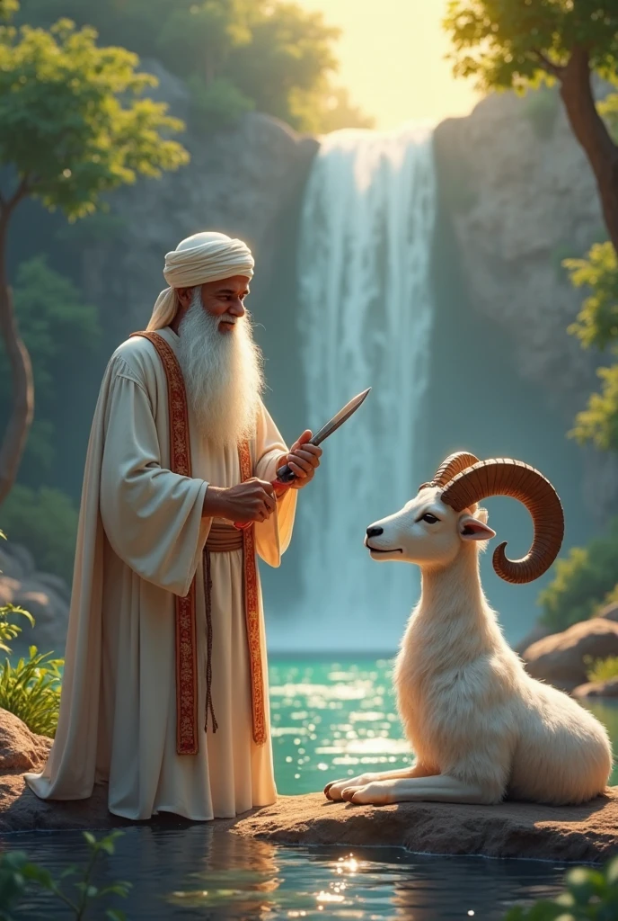 "A wise elderly man with a long white beard, wearing a white turban and ...