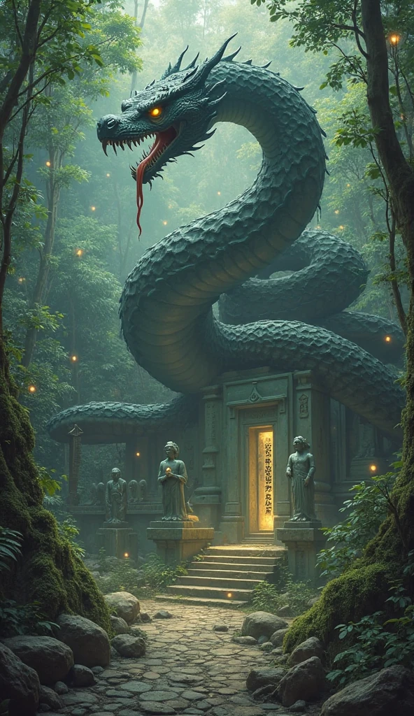 A shadowy serpent spirit encircling a forgotten jungle temple - SeaArt AI