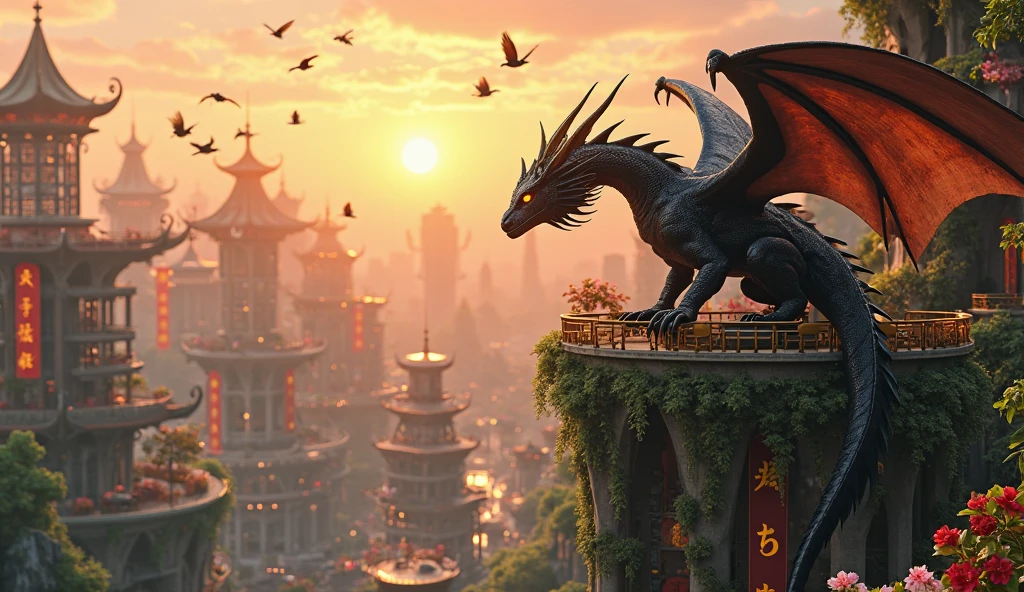 Epic panoramic cinematic wide shot of a majestic Hungarian Horntail ...