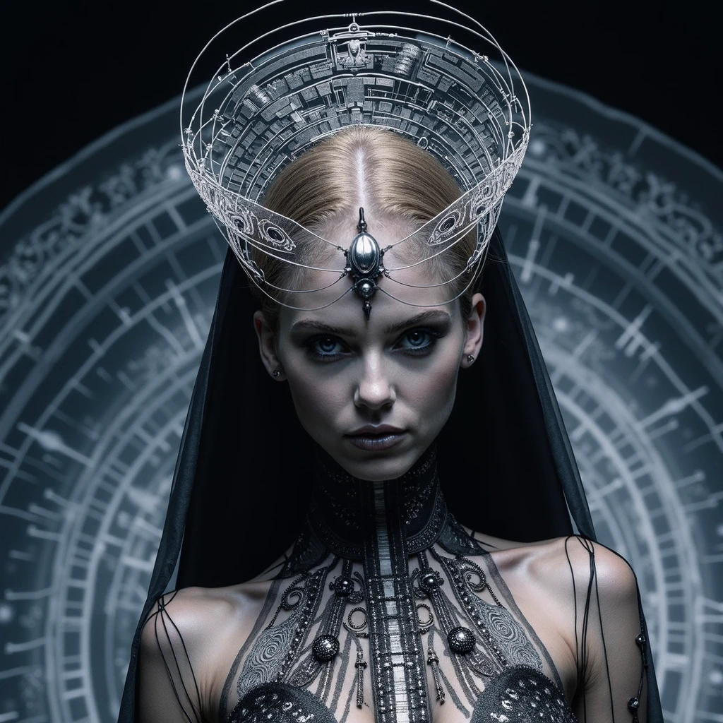 A woman in a black dРess and cРown standing in fРont of a blue light ...