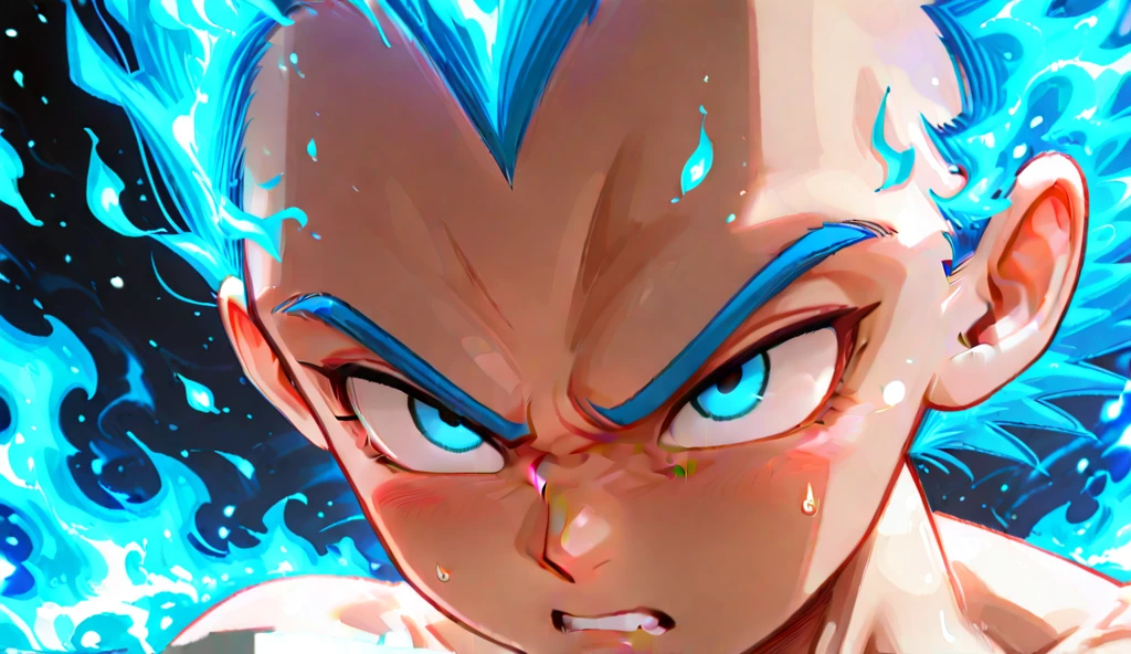 Vegeta Dragon Ball, close-up, blue fire flames - SeaArt AI