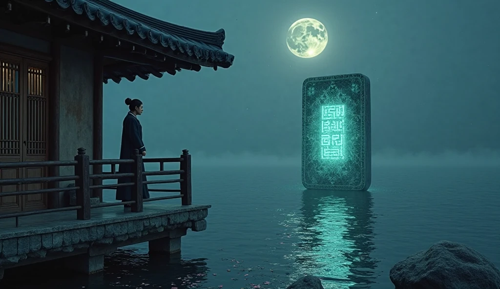 **Haunting cinematic tableau:** Moonlit night, ancient Korean coastal ...