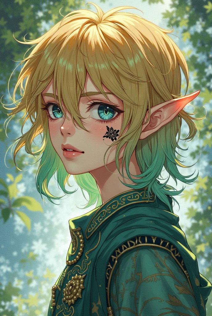 Manga boy elf hair medium gold gradient green gradient green indigo ...