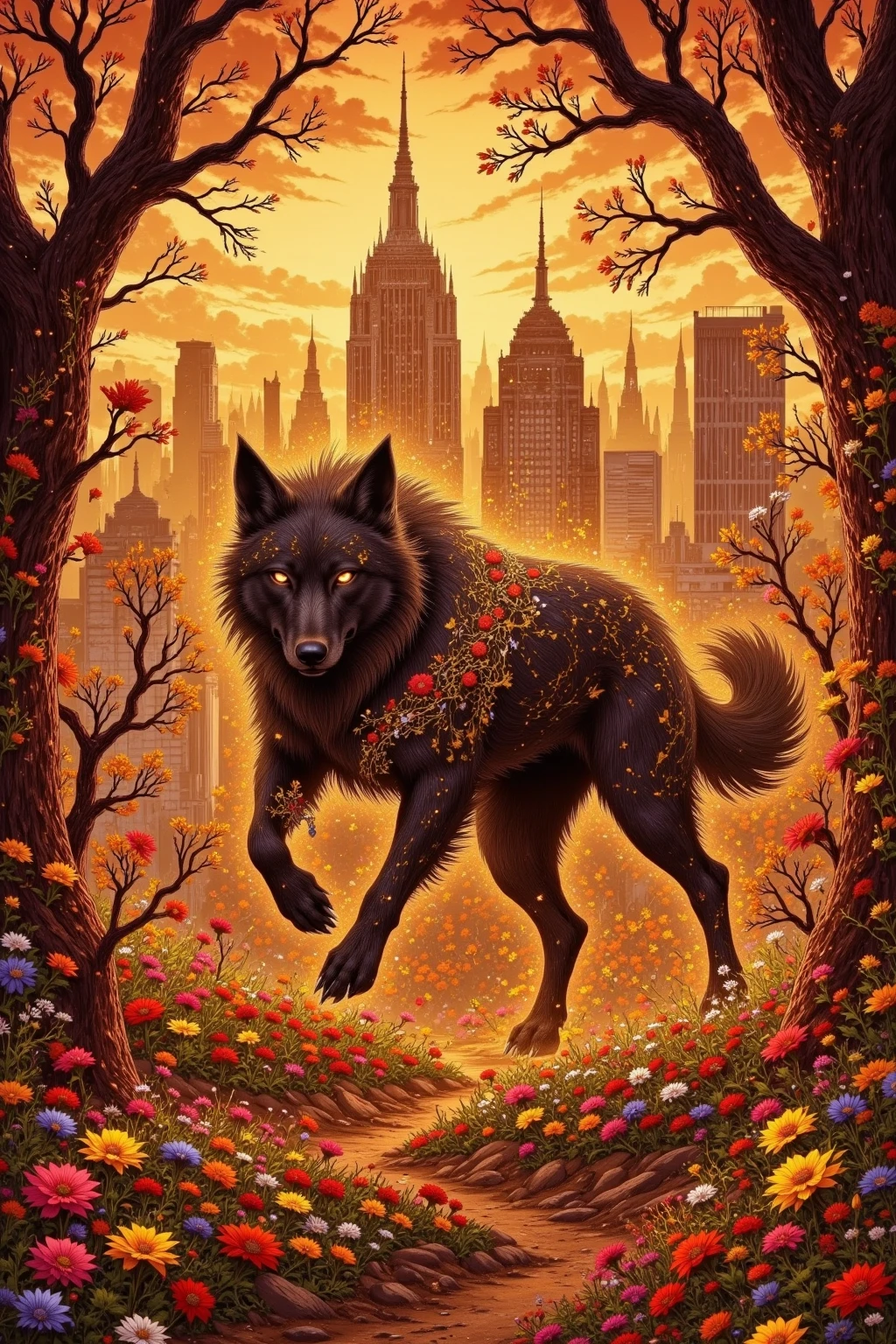 A fantastic flower road where a werewolf dog walks。city buildings line ...