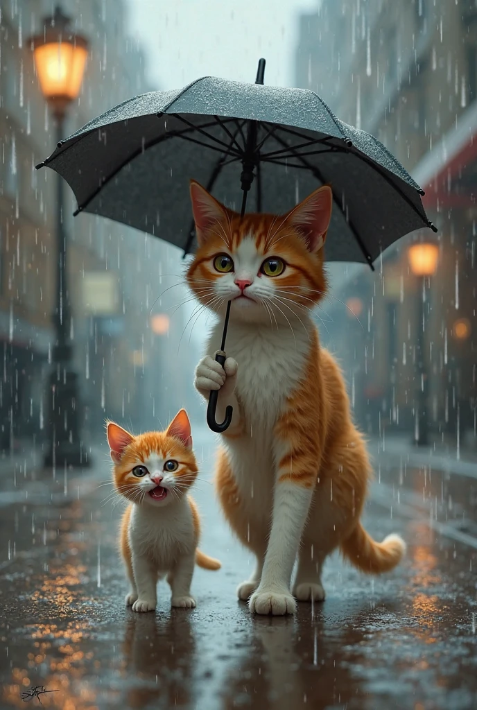 Generate the mom cat leaving with an umbrella in the rain with he rson ...