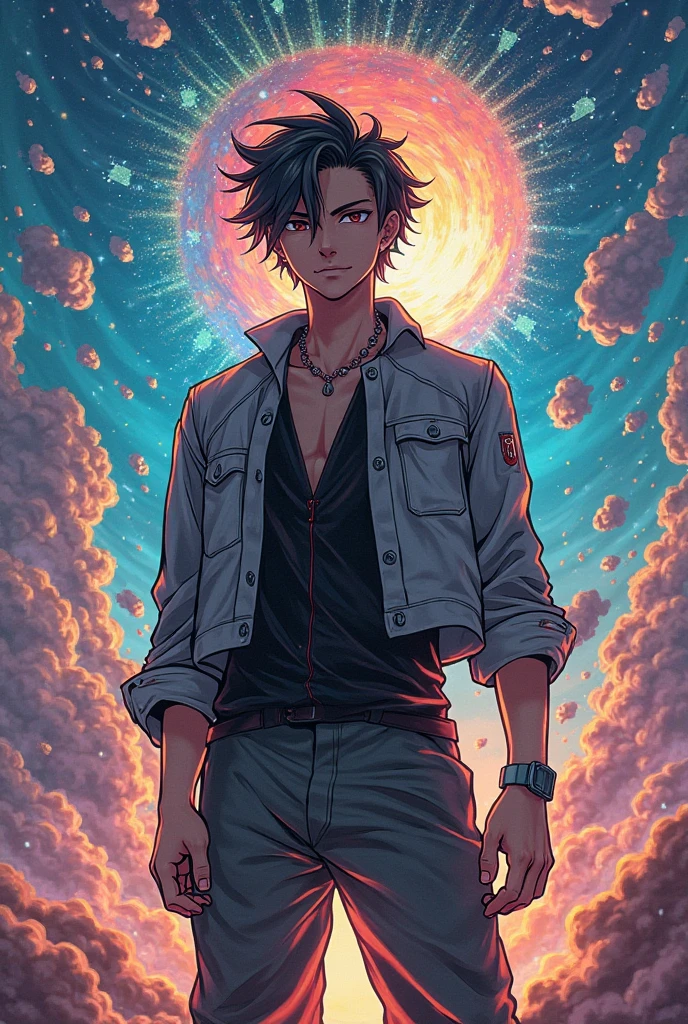 Drawing of cool anime boy standing against world - SeaArt AI