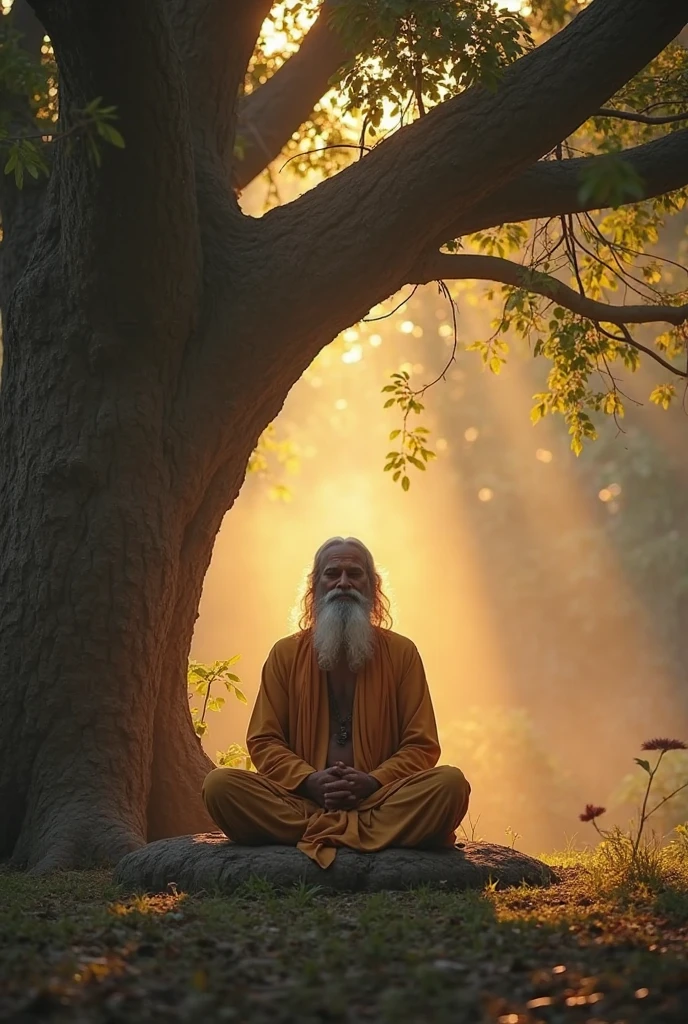 A serene forest with ancient Indian sage Ved Vyasa meditating under a ...
