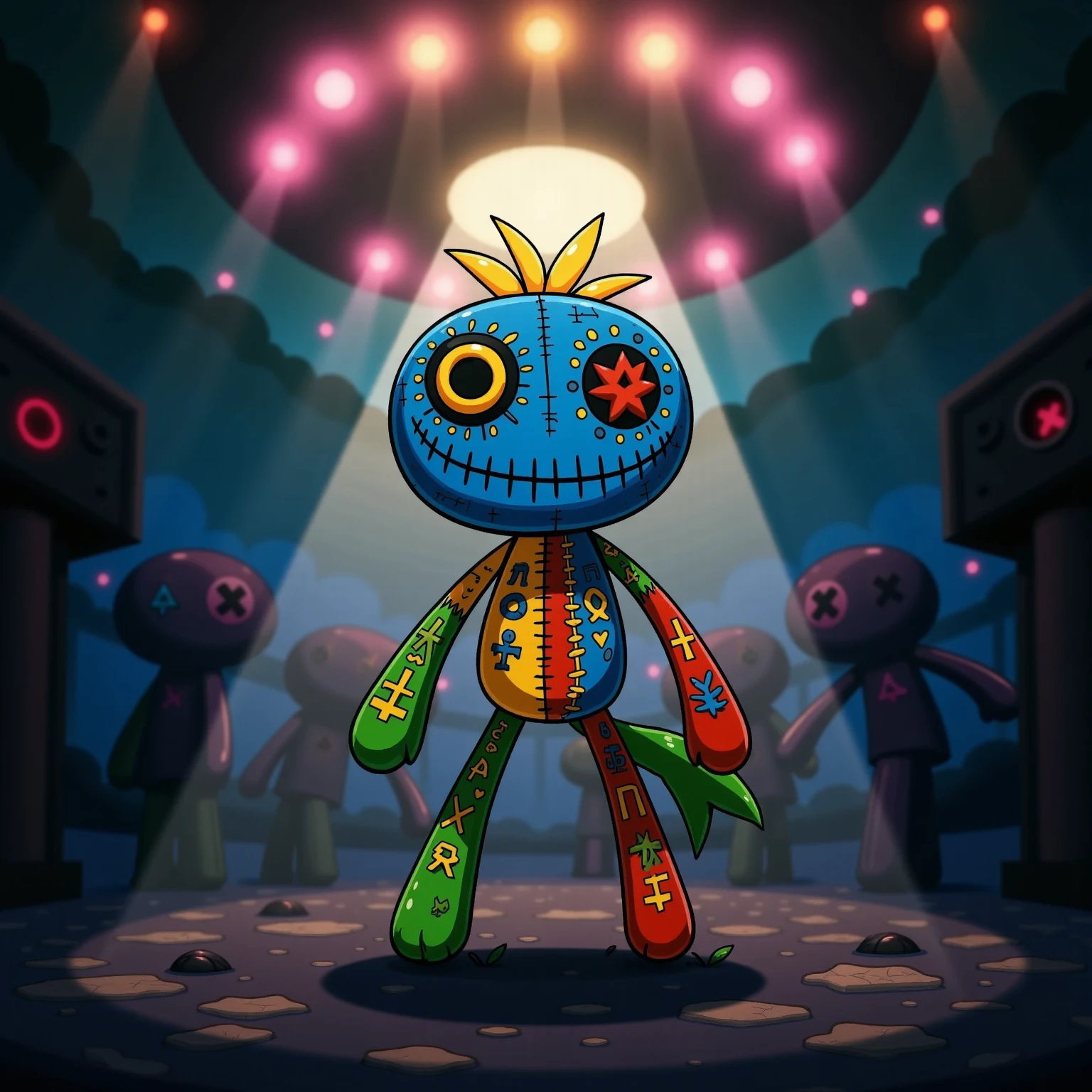 Voodoo doll,UFOからの光に包まれるvoodoo doll、anime style、creepy and cute - SeaArt AI