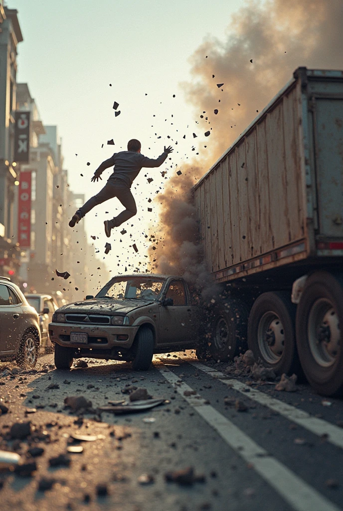 A car gets hit by a truck and a person inside a truck flies - SeaArt AI