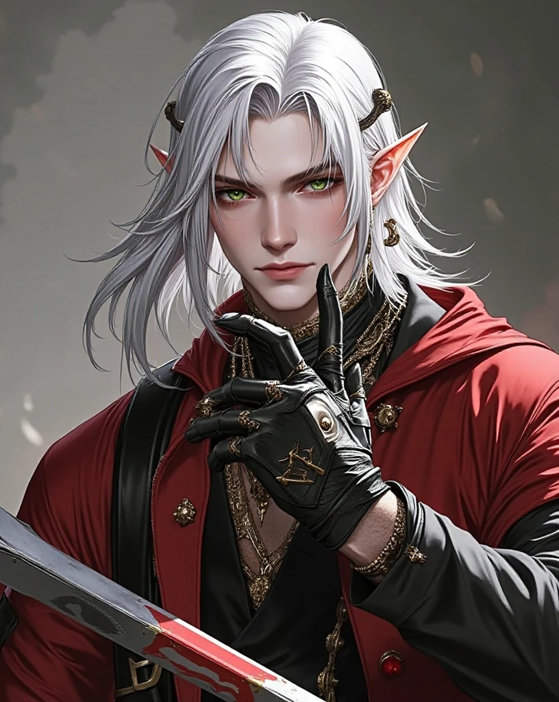 A Male half-vampire with white hair and black undertone, medium length ...