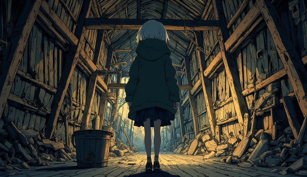 A dark, atmospheric anime-style barn-turned-prison interior at night ...