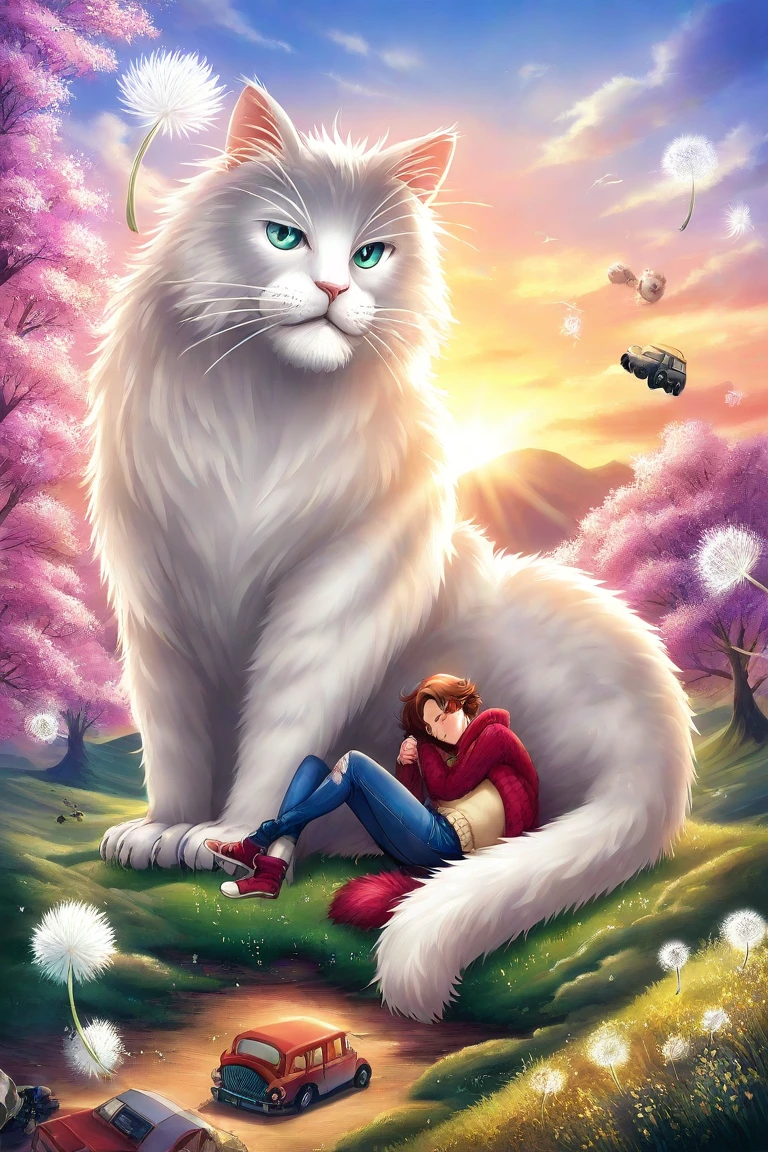 A dreamlike scene of a person lying peacefully atop a colossal fluffy ...