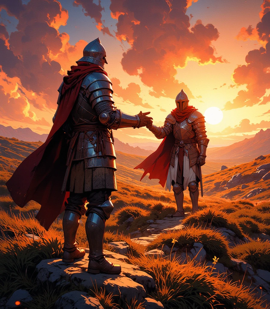 A cinematic farewell scene between two medieval knights. One knight ...