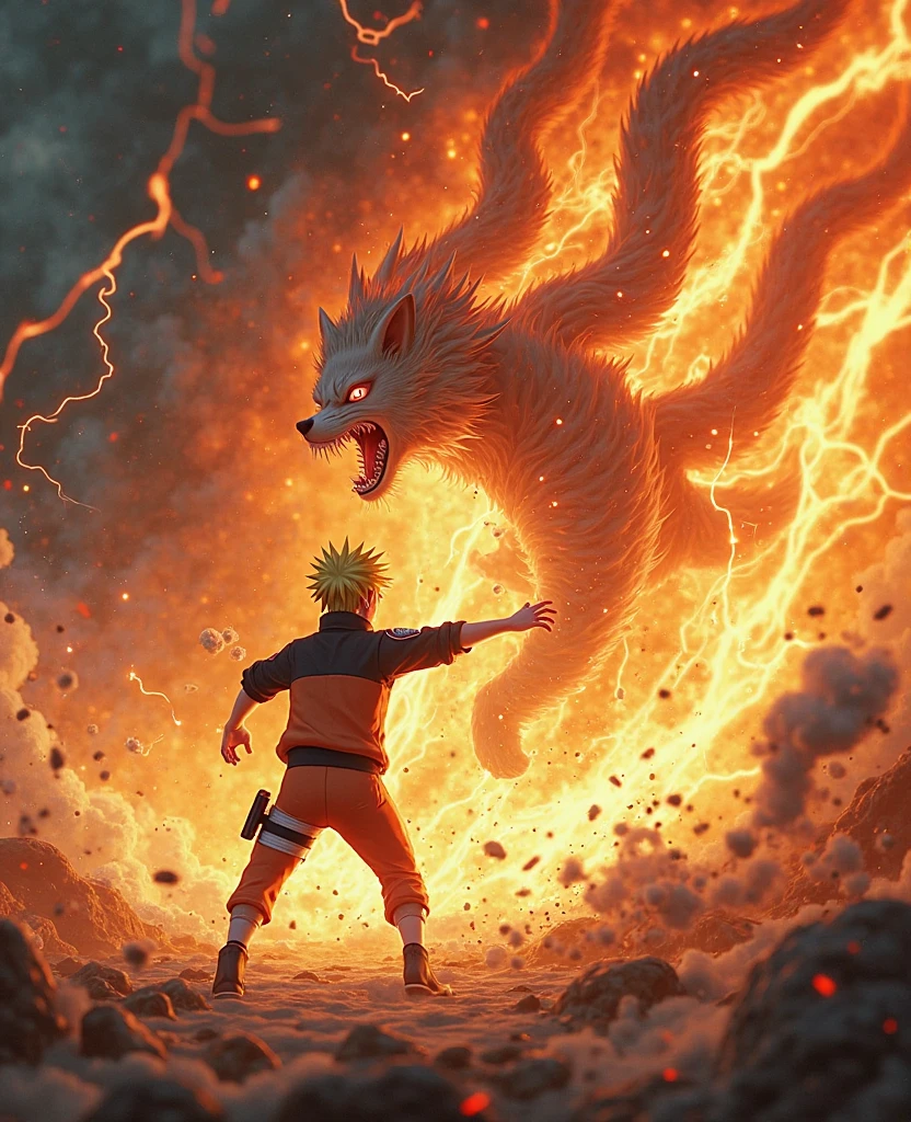 Naruto Uzumaki attacks his nine-tailed fox enemy (in a firestorm with ...