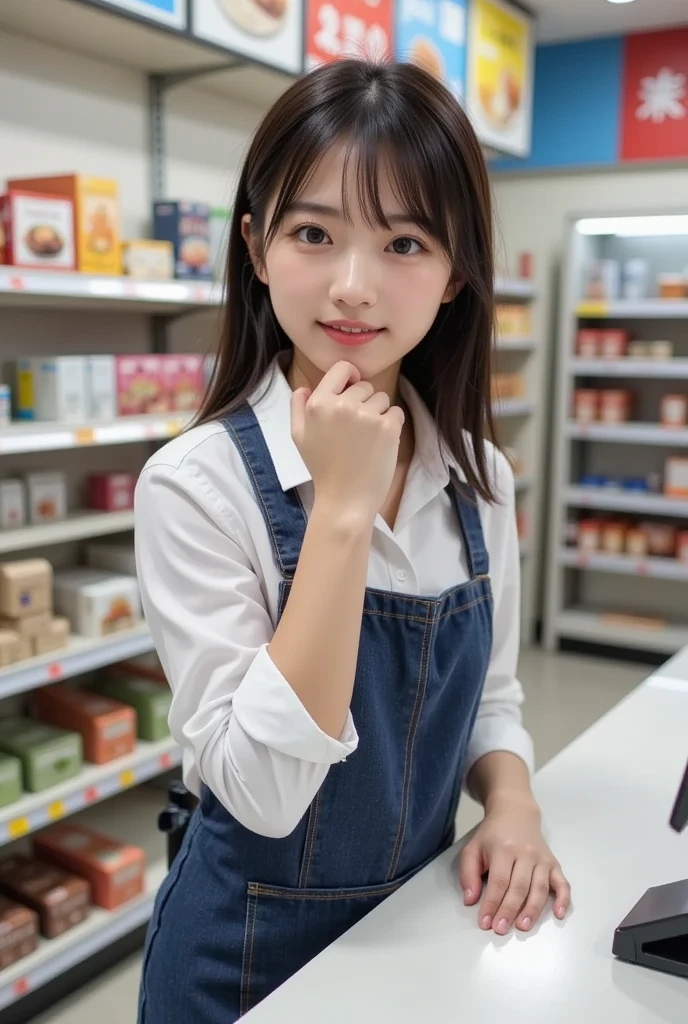 She is wearing a long-sleeved shirt and an apron, Smile Yan、is enhanced by retai - SeaArt AI