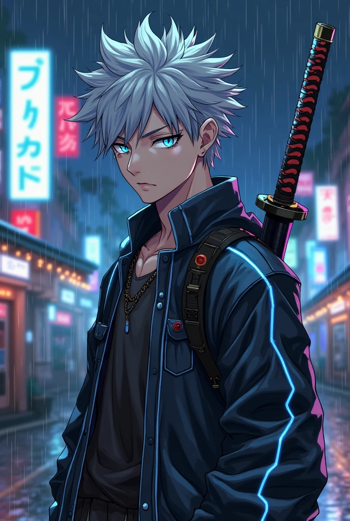 A handsome anime boy named "Kaizukee", with spiky silver hair - SeaArt AI