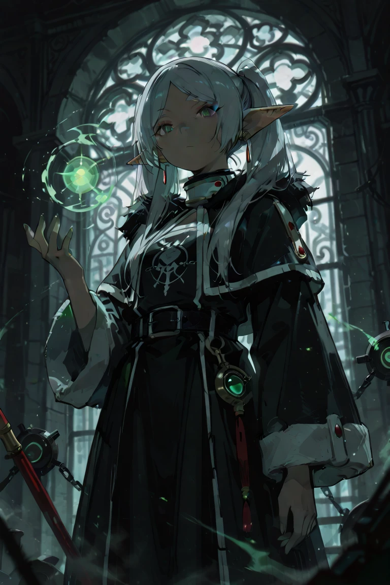 Frieren, long hair, twintails, green eyes, grey hair, pointy ears ...