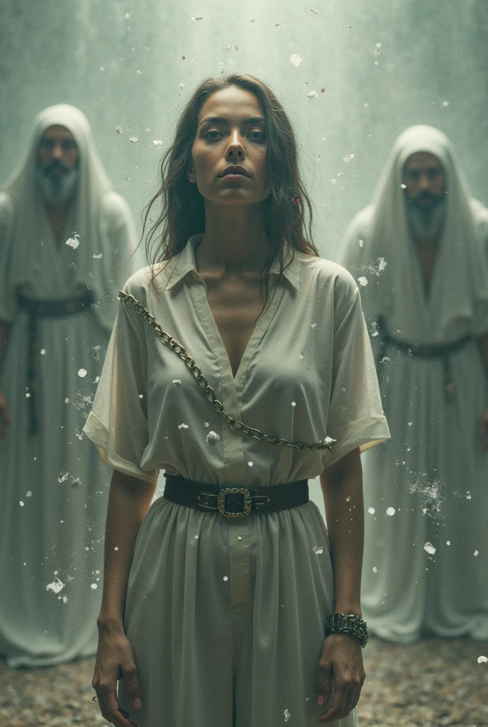 A modern woman with invisible chains connected to fuzzy figures behind ...