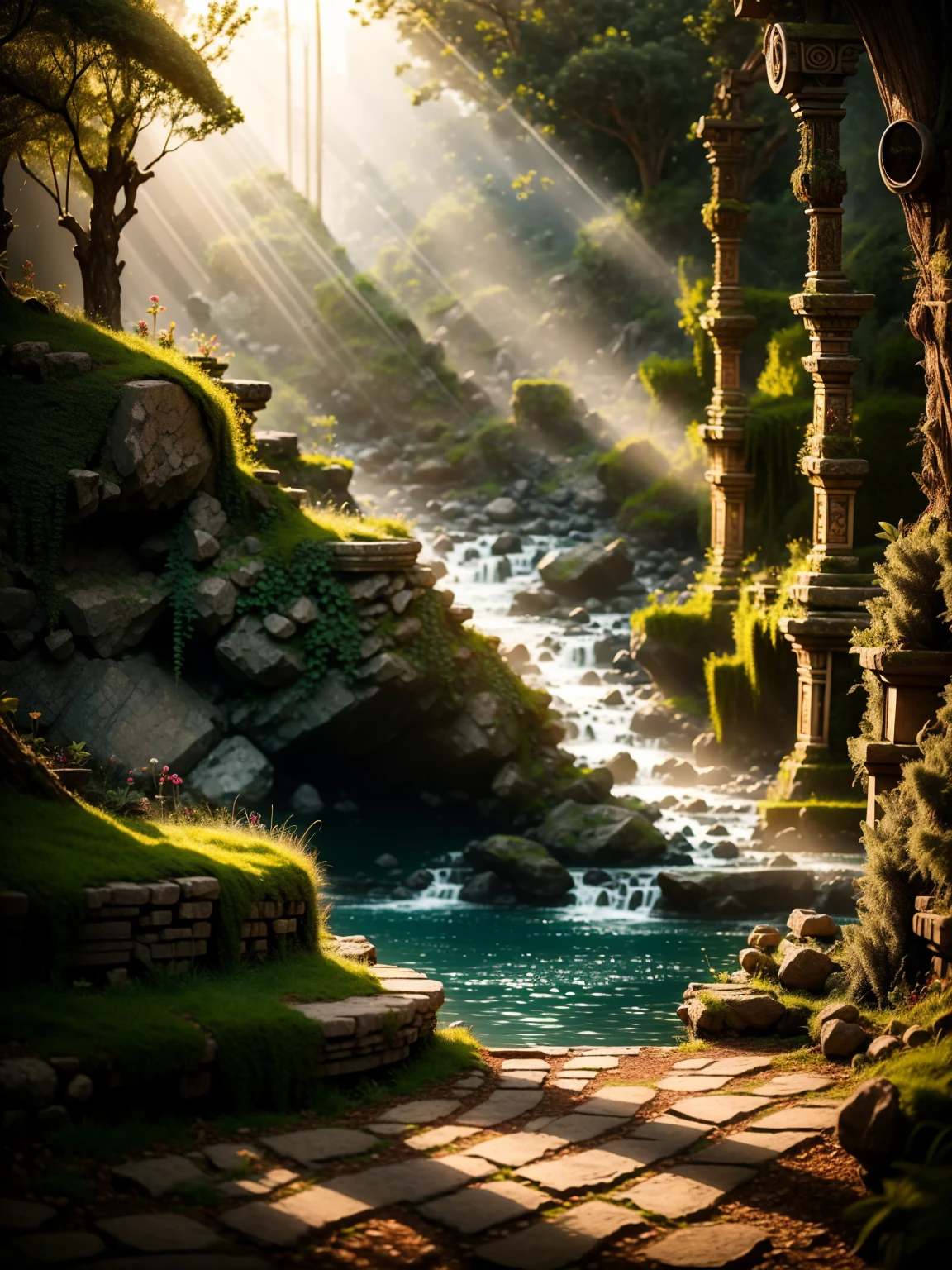 Full length photo , Point of view from below. Scene of a fantasy forest ...
