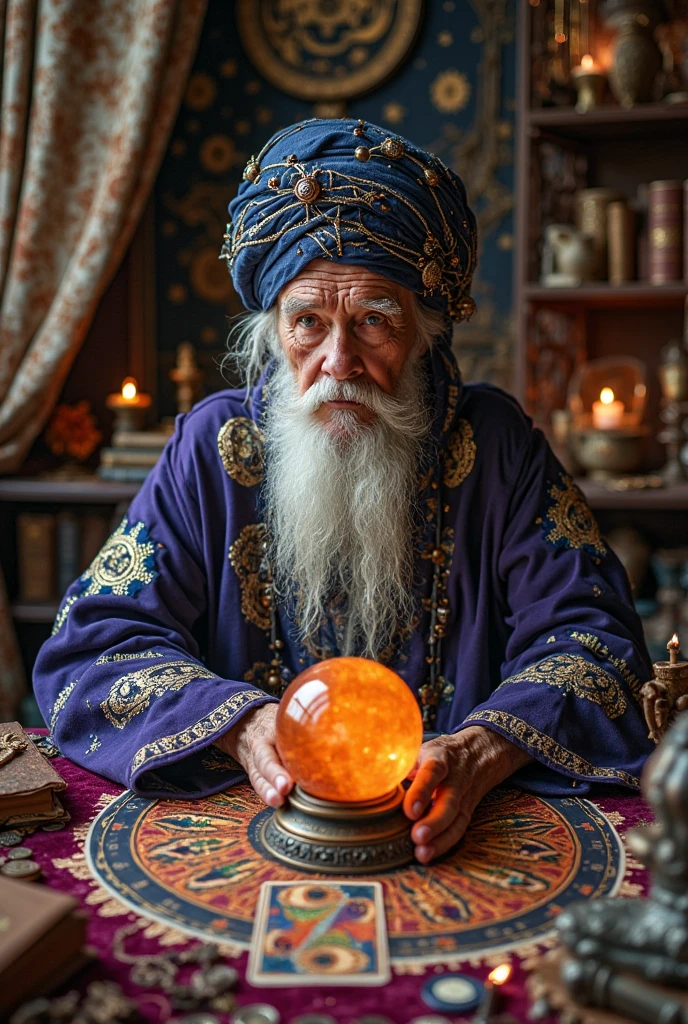 A hyper-realistic vertical portrait (9:16) of a mysterious fortune ...
