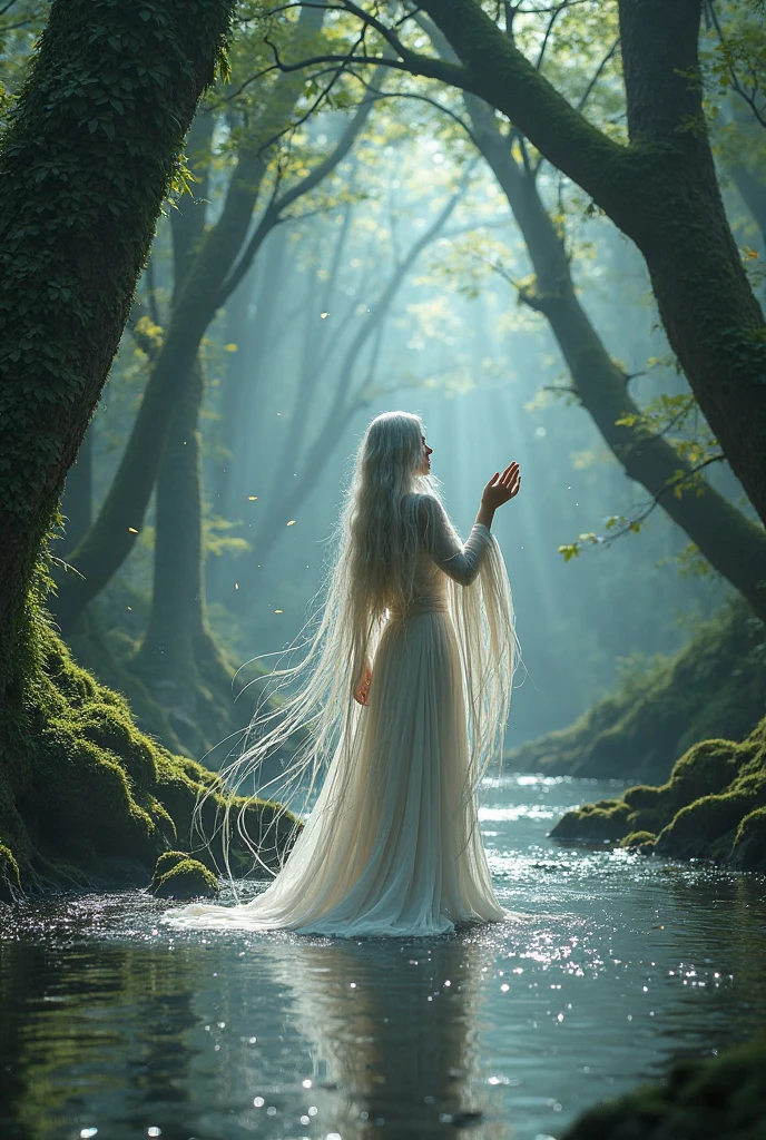 A glowing dryad with long silver hair, standing in a sparkling river ...