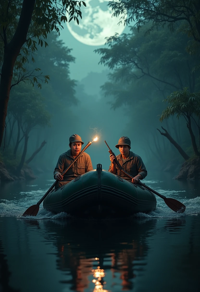 Two Thai sailors, one holding a gun, one rowing a rubber boat in the ...