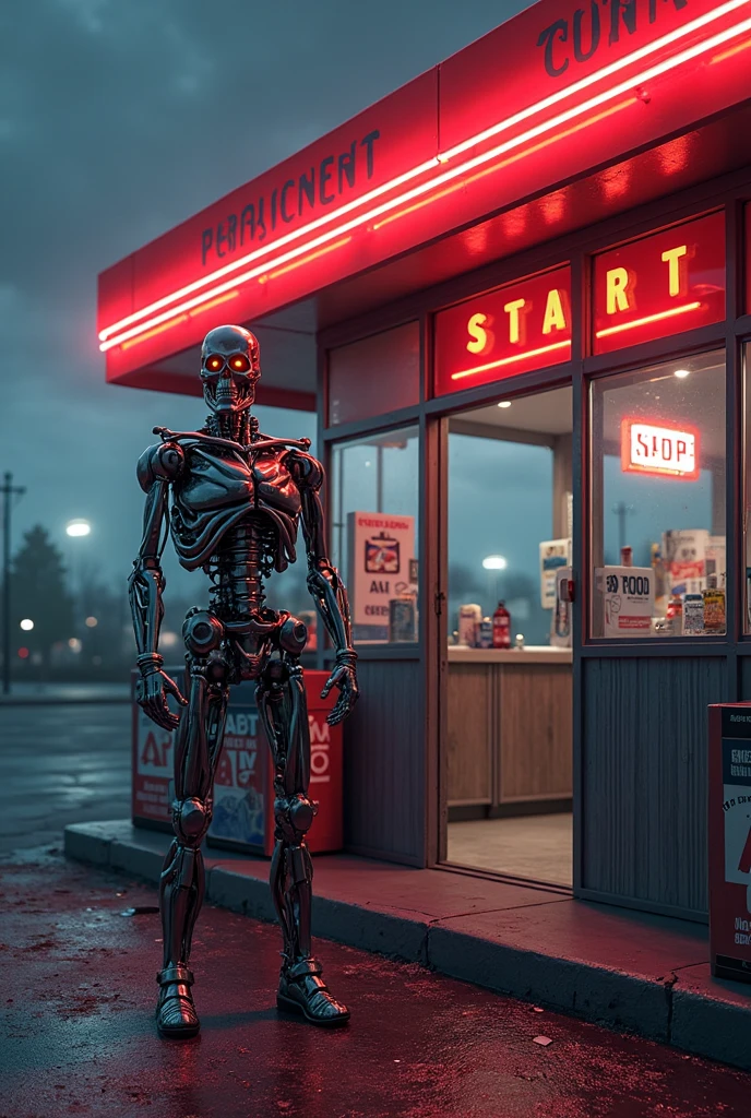 Night, gas station shop , neon signs , The door to the store is open ...