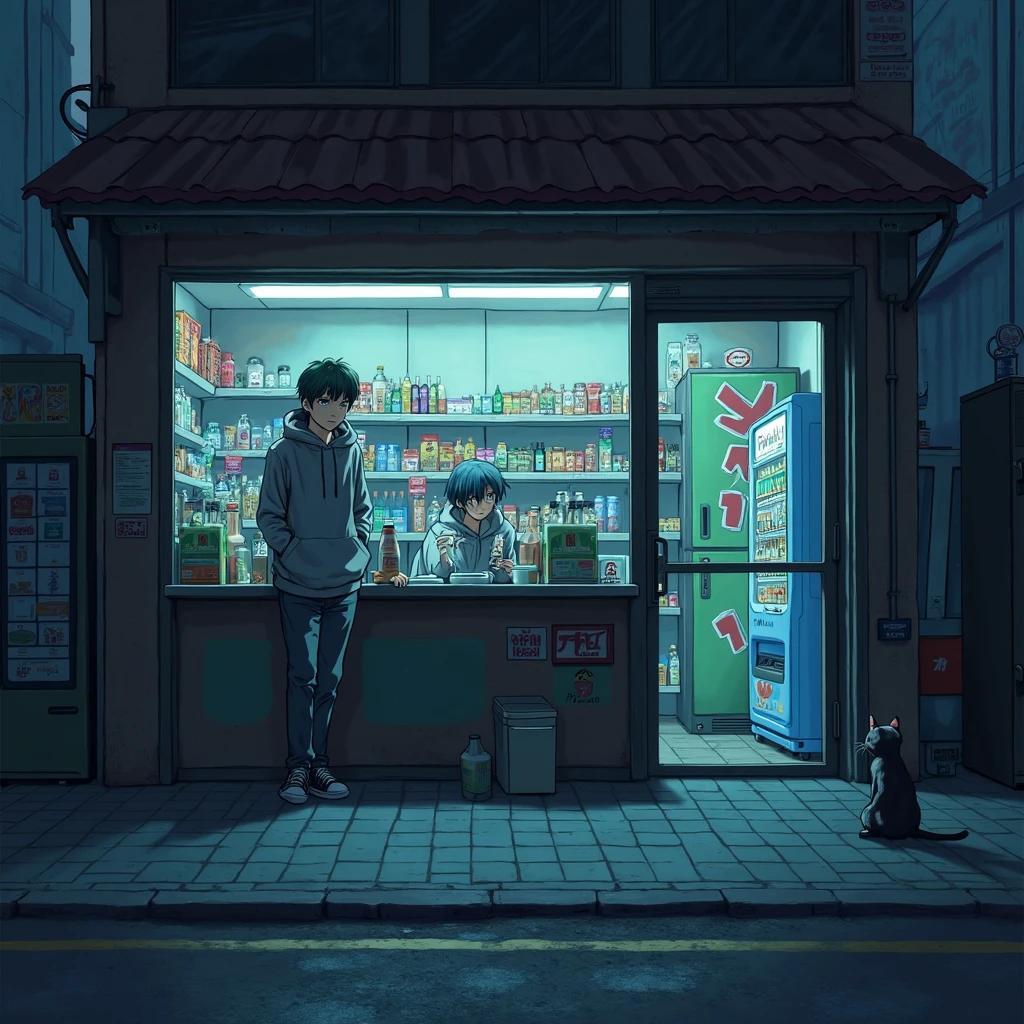 An atmospheric midnight scene of a small urban convenience store ...