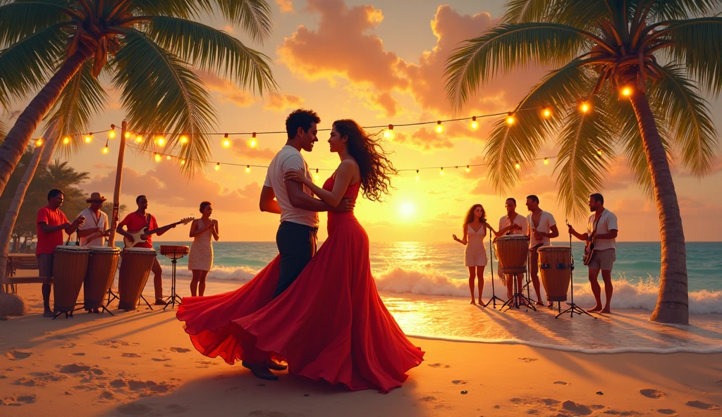 A joyful Cuban couple dancing closely on a tropical beach at sunset ...