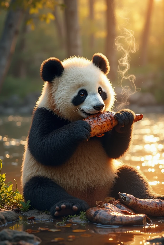 > A realistic panda sitting near a forest riverbank, calmly chewing on ...