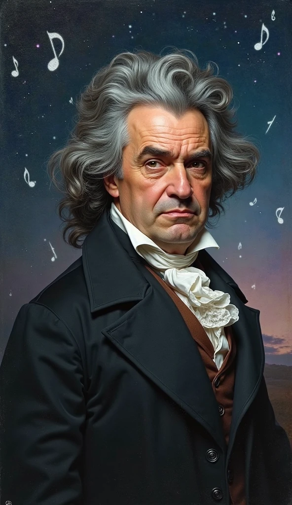 A detailed portrait of Ludwig van Beethoven, middle-aged man with long ...