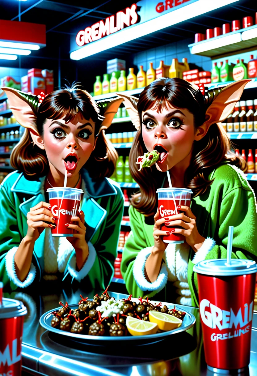 Gremlins girls in a 24-hour store, at midnight, eating and drinking ...