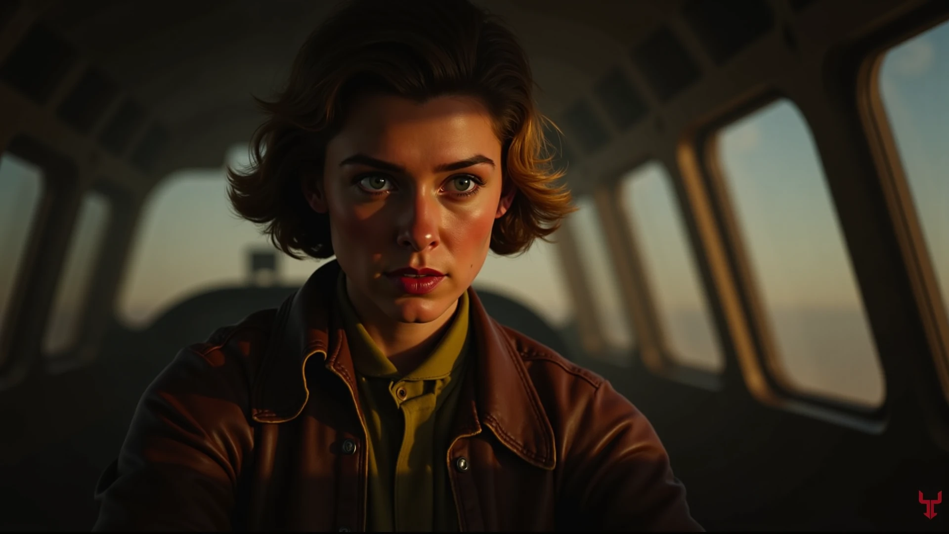 Cinematic realism, close-up shot from inside the cockpit. Amelia ...