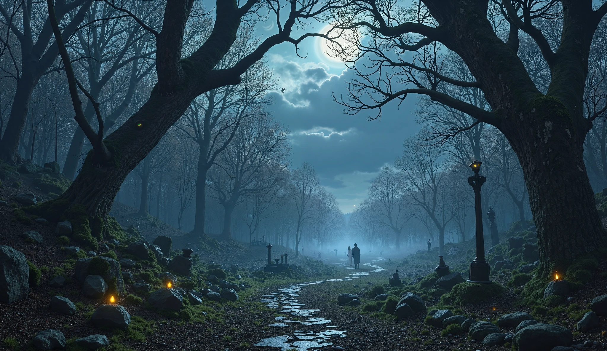 Imagine a dense, haunted forest shrouded in twilight. The trees are ...