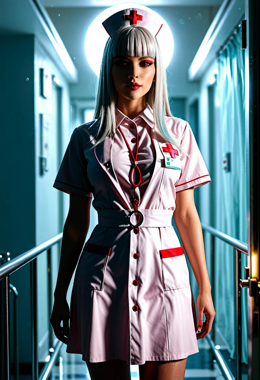 Under the soft glow of a full moon, a tall, enigmatic Nordic nurse with ...