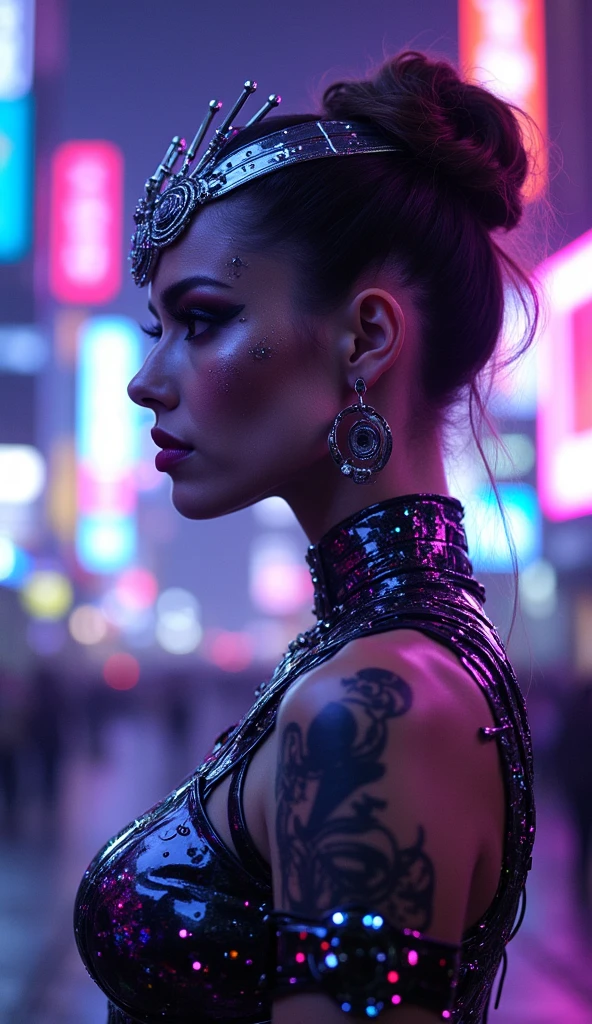 “A futuristic Cyber Queen in a neon-lit cityscape at night, wearing a ...