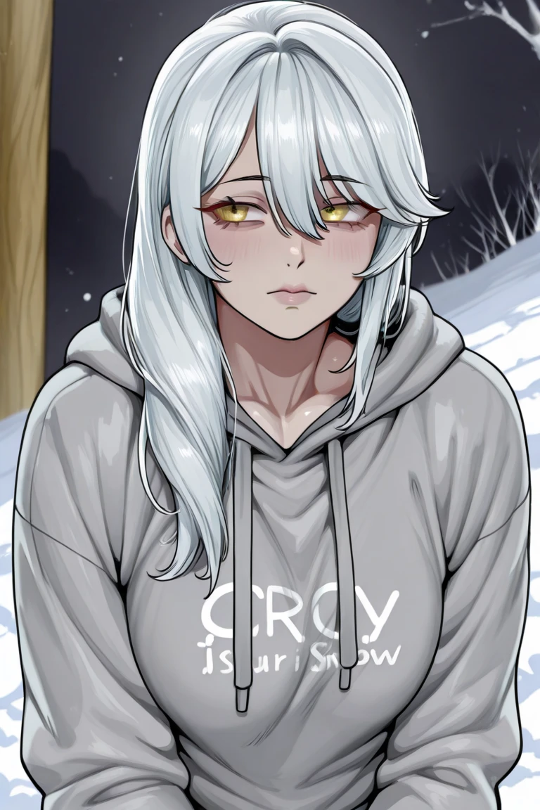 A tall, mature woman with white hair, Your hair is loose with a full ...