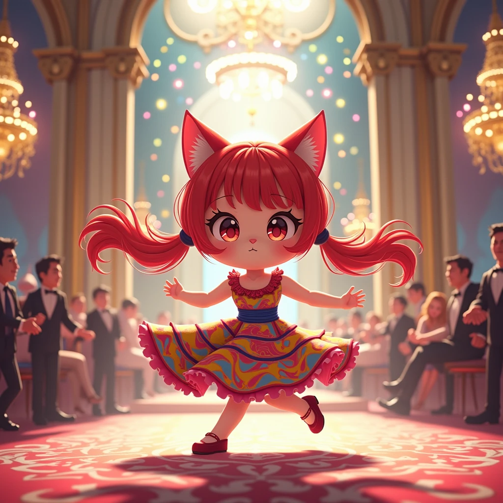 A chibi anime red hair cat girl with long twin hairs wear a colourful ...