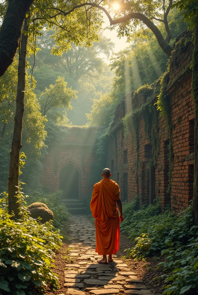 "An ancient Indian monk in traditional orange robes stands near a ...