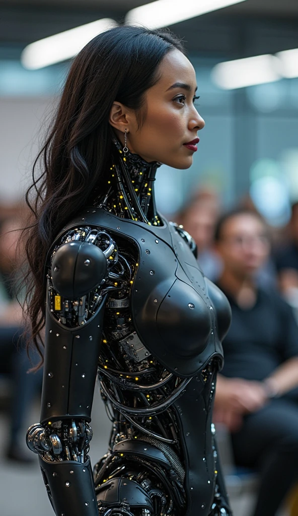 A female robot with natural facial features and long, gently wavy human ...