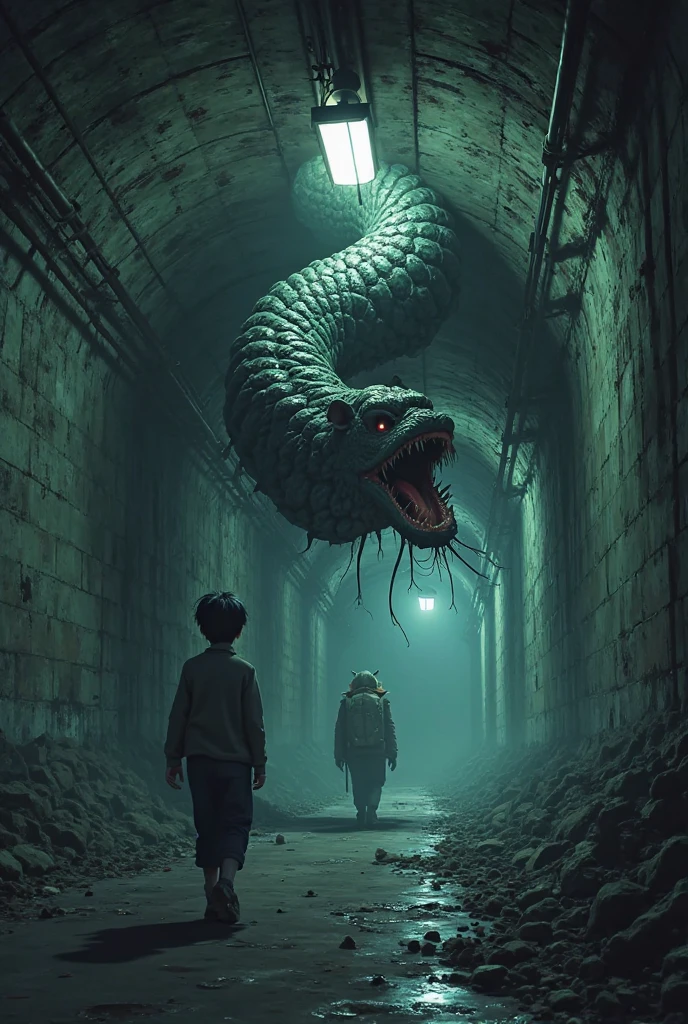 > anime style, mutant snake devouring demon rat, underground abandoned ...
